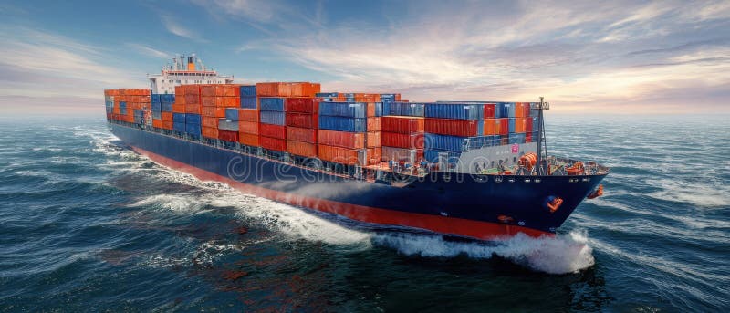 The Large Cargo Ship Navigating through the Open Sea with Colorful ...