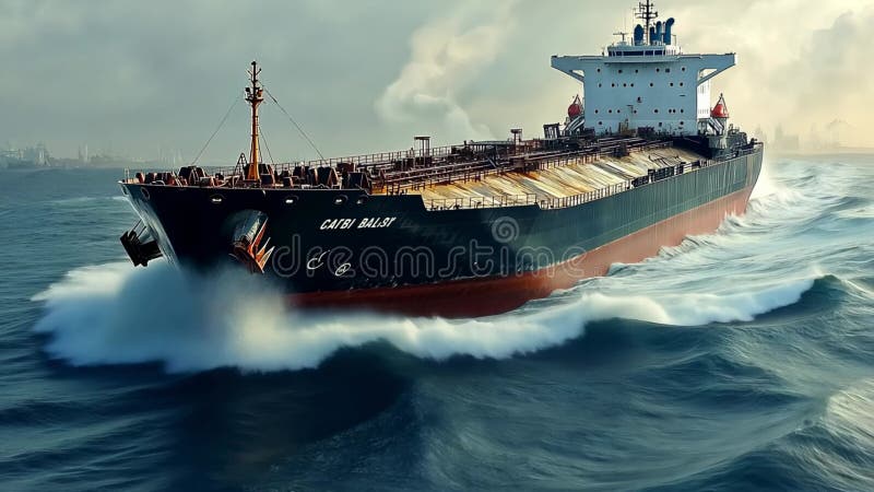 A Large Cargo Ship Cutting through the Waves on a Cloudy Day Stock ...