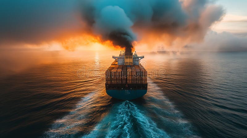 Cargo Ship on Fire at Sea during Sunset Stock Illustration ...