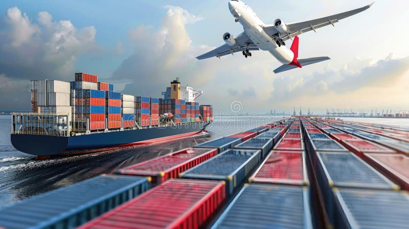 A Large Cargo Ship is Sailing in the Ocean with a Plane Flying Above it ...