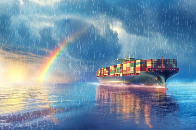 A Large Cargo Ship is Sailing in the Ocean with a Rainbow in the ...