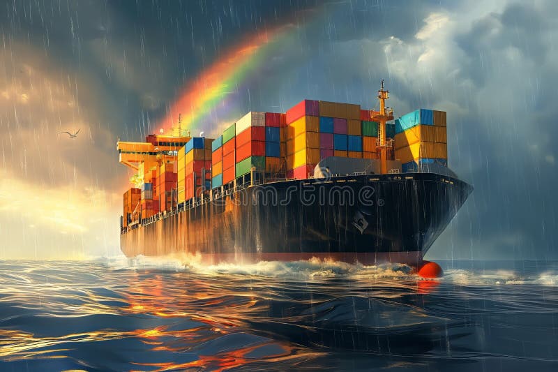 A Large Cargo Ship is Sailing through the Ocean with a Rainbow in the ...
