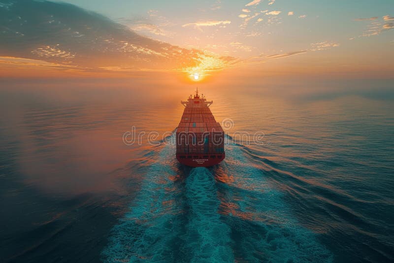 A Large Cargo Ship is Sailing through the Ocean with the Sun Setting in ...