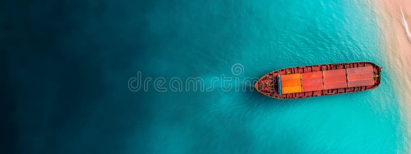 A Large Cargo Ship Sails on Turquoise Ocean Water Near a Sandy Beach ...