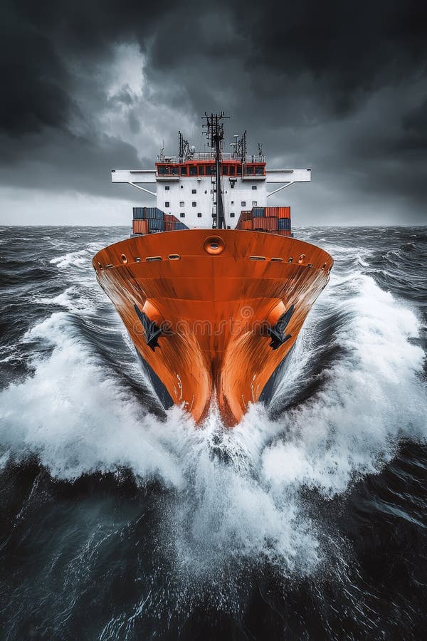 A Large Cargo Ship is Skillfully Navigating Turbulent Waters while the ...