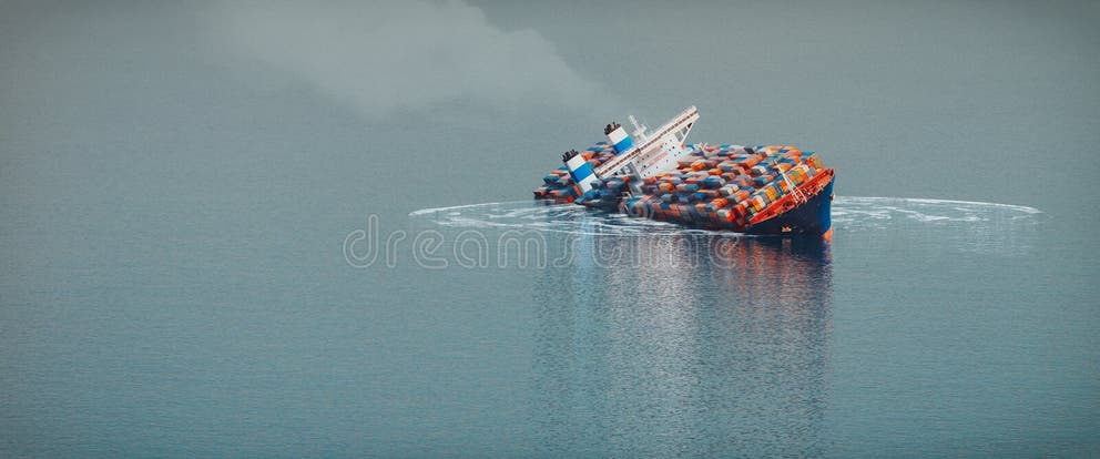 A Large Cargo Ship Tilted and Sank Sideways in the Ocean. Stock Image ...