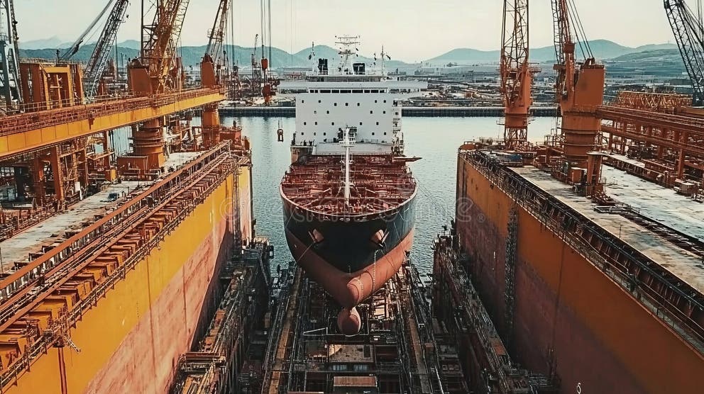 Large Cargo Ship Under Construction in Dry Dock, Surrounded by Cranes ...