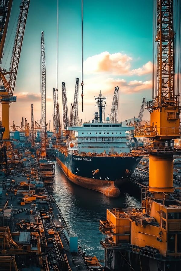 Large Cargo Ship Under Construction in Drydock with Cranes, Busy ...