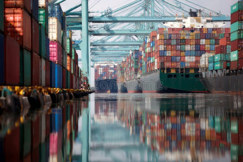 Large Cargo Ships Docked at a Bustling Shipping Port with Containers. Stock Image - Image of ...