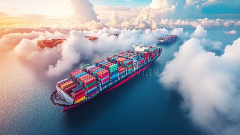 Large Cargo Ships Navigating through Clouds at Sunset in Open Waters ...