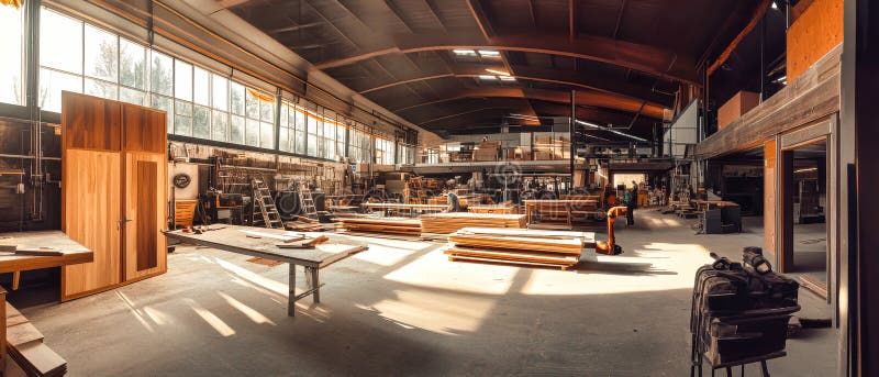 A Spacious Modern Carpentry Workshop Filled with Wooden Panels and Busy ...