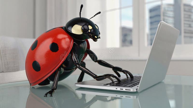 Large, Cartoonish Ladybug Programming or Creating Bugs on Laptop in ...