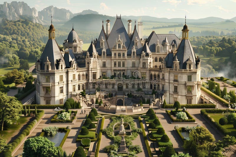 Large Castle with a Beautiful Garden Surrounded by Trees and Mountains ...