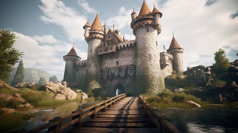 A Large Castle with a Bridge Leading To it on a Cloudy Day Stock ...