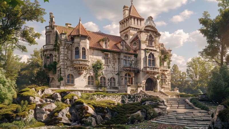 A Large Castle-like Building Surrounded by Trees and Rocks, Suitable ...