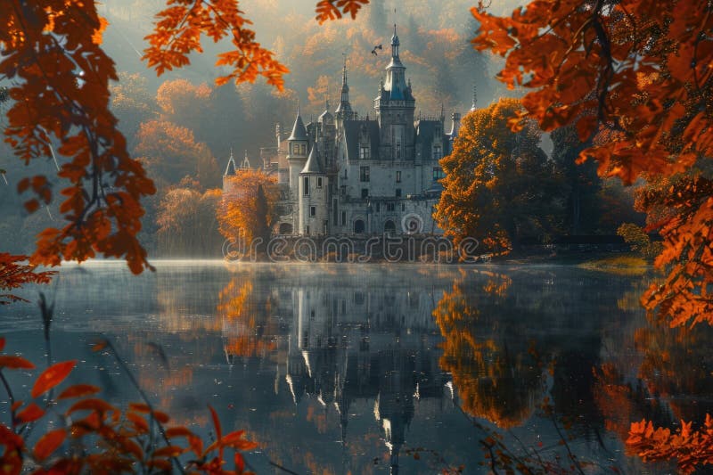 A Large Castle Sits Atop a Serene Lake, Surrounded by Lush Trees Stock ...