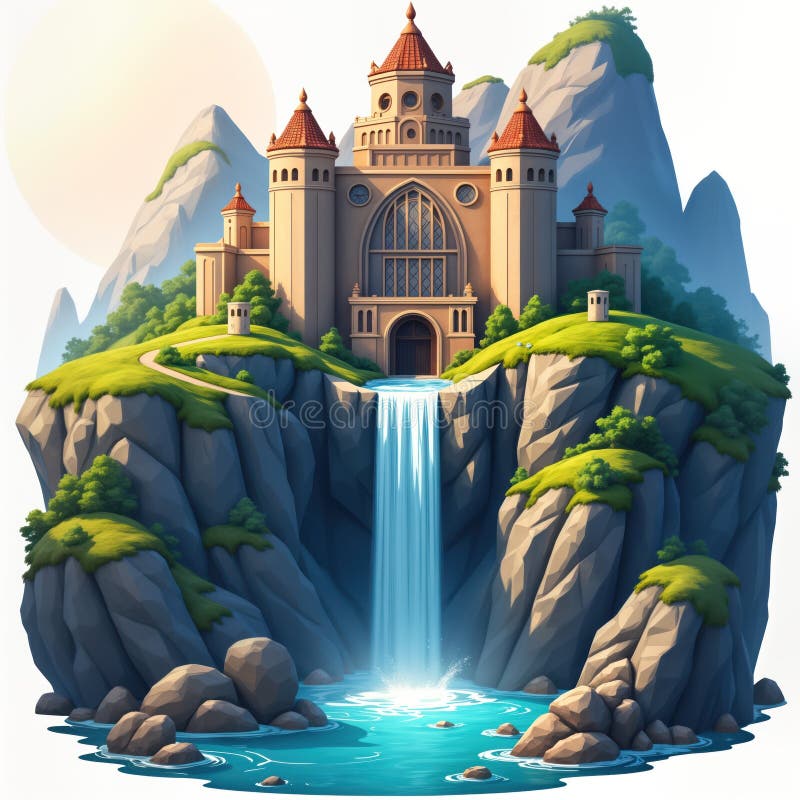Large Castle Sits on Rocky Island with Waterfall. Island Rich Green ...