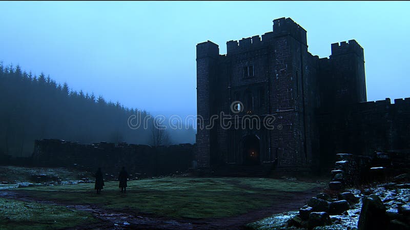 A Large Castle Stands with Two Figures Walking Its Grounds Stock ...