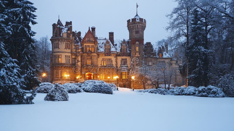 A Large Castle with a Tower and a Snow Covered Courtyard Stock ...