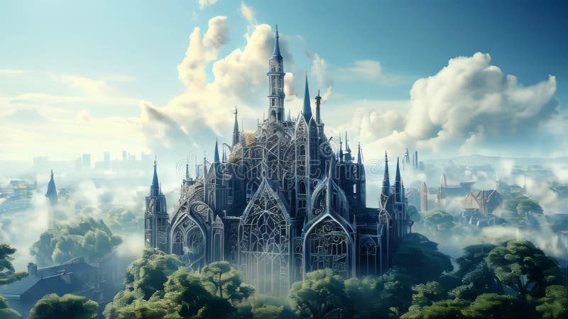 Large Cathedral Castle in the Forest among Trees and Mountains in ...