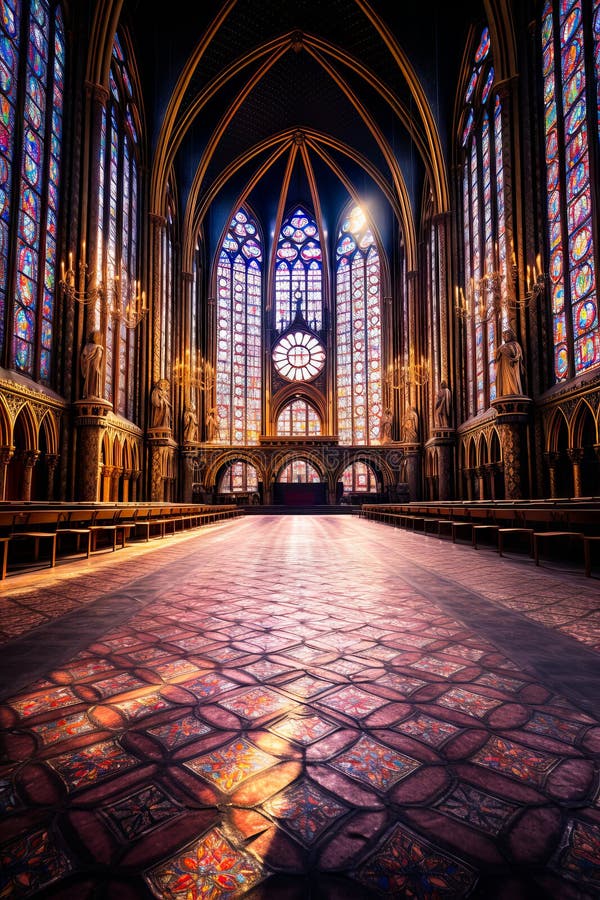 Large Cathedral With Stained Glass Windows And Floor With Long Line Of