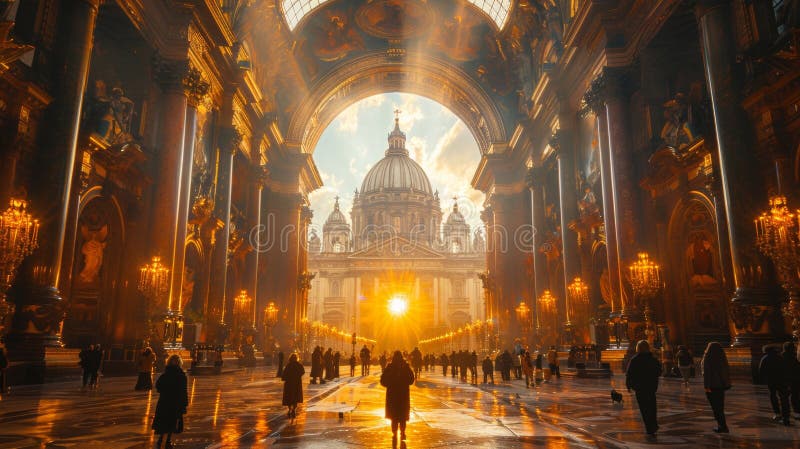 A Large Cathedral with People Walking Around Inside of it, AI Stock ...