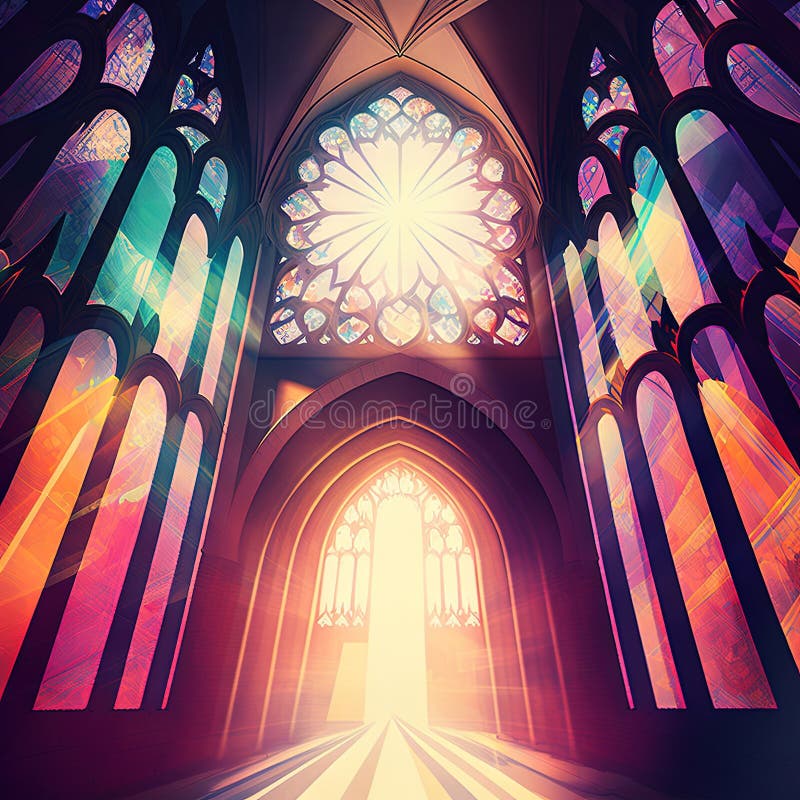 A Large Cathedral with Stained Glass Windows and a Sunbeam Stock ...