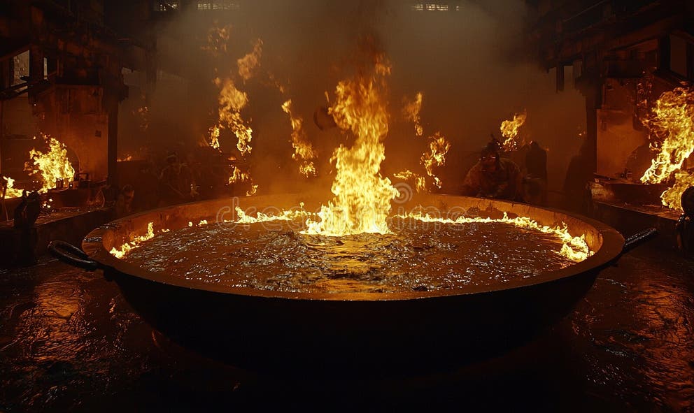Large Cauldron with Burning Liquid, Figures in Smoky Industrial Setting ...
