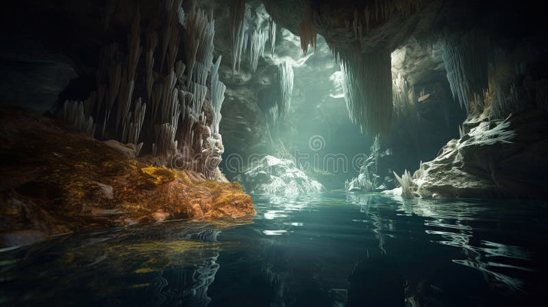 A Large Cave with a Body of Water in the Middle of it and Light Coming ...