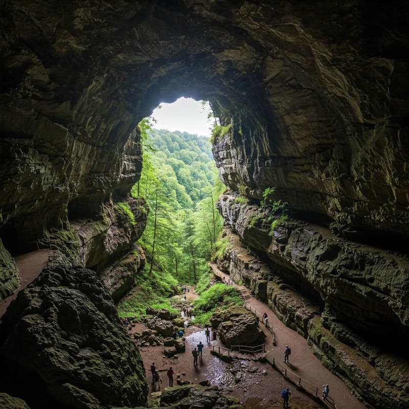 A Large Cave Opening Frames a Lush Green Valley, with Visitors ...