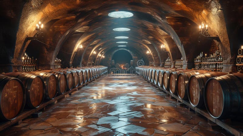 A Large Cellar with Wine Barrels and Ambient Light Stock Illustration ...