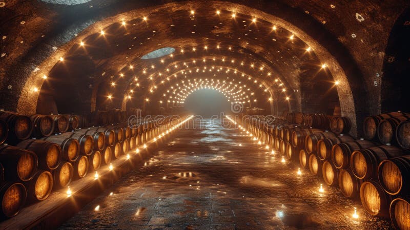 A Large Cellar with Wine Barrels and Ambient Light Stock Illustration ...