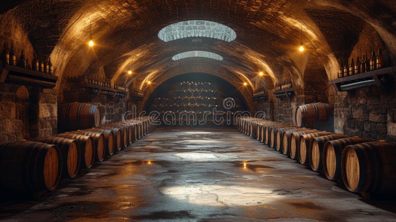 A Large Cellar with Wine Barrels and Ambient Light Stock Illustration ...