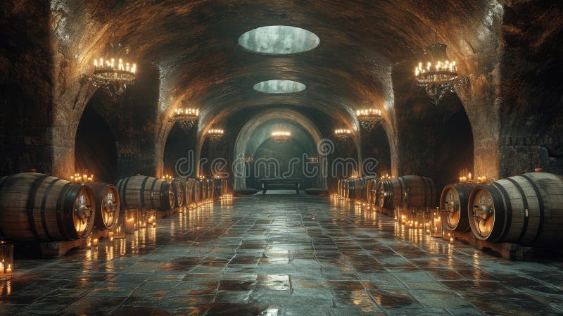 A Large Cellar with Wine Barrels and Ambient Light Stock Illustration ...