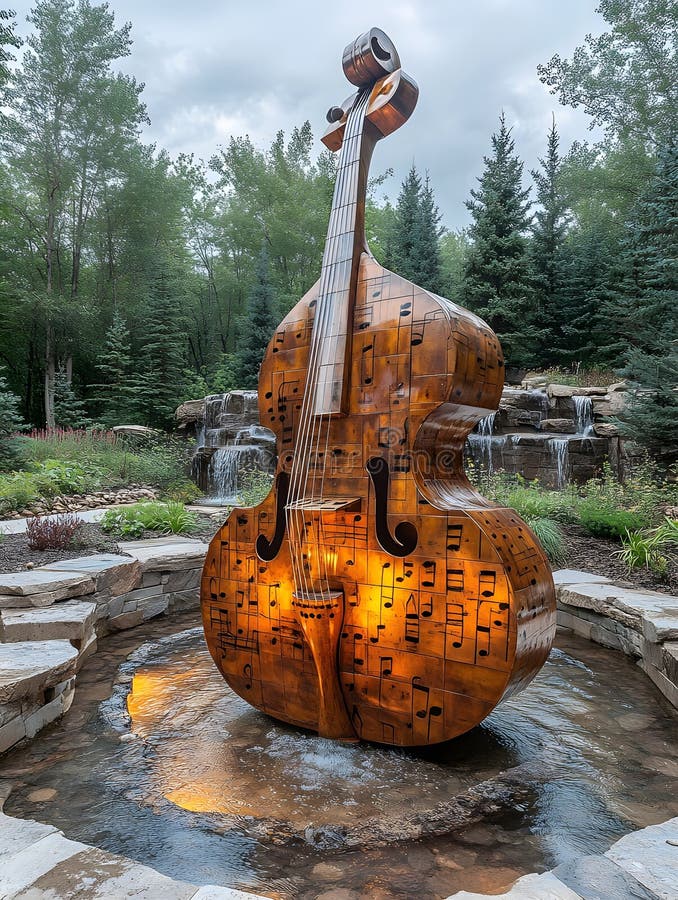 A Large Cello Sculpture with Music Notes in a Pond with a Waterfall in ...