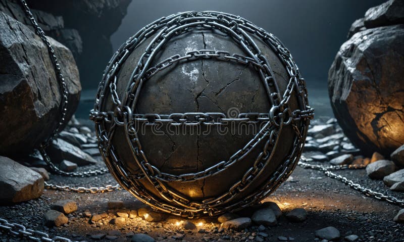 A Large, Chained Sphere Rests on the Ground Surrounded by Rocks and ...
