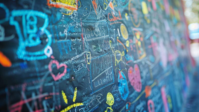 A Large Chalkboard with Colorful Chalk Drawings and Notes Stock Image ...