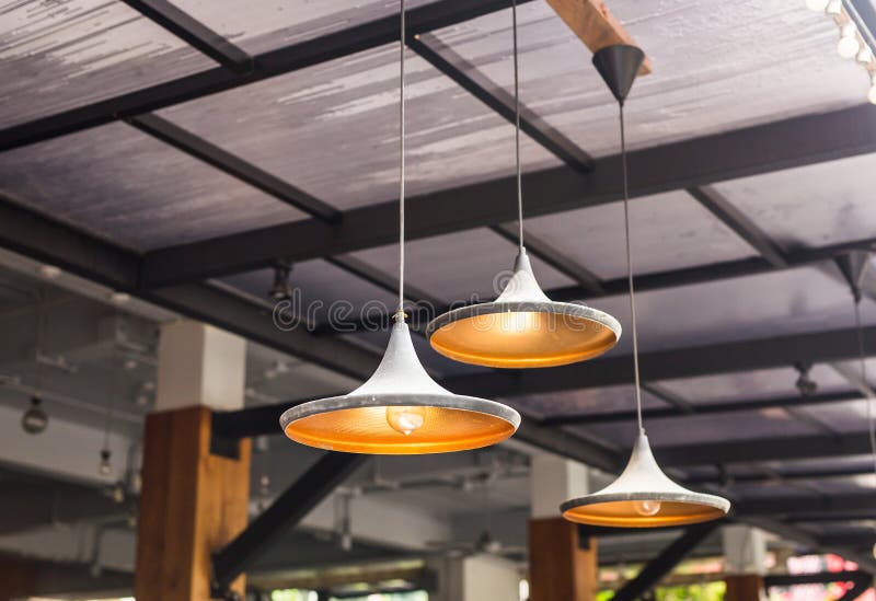 Large Chandelier Lamps in a Cafe Stock Image - Image of glass, edison ...