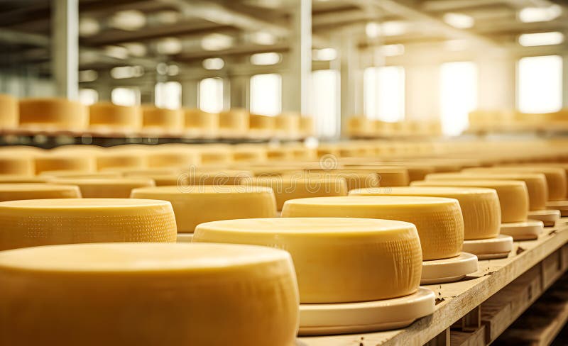 Large Cheese Wheels in Production Close-up. Cheesemaker in a Warehouse ...