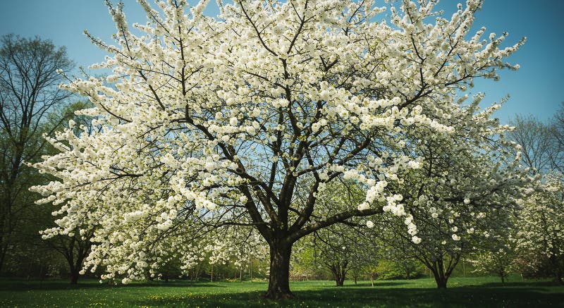 A Large Cherry Blossom Tree in Full Bloom is Centered in a Grassy Park ...