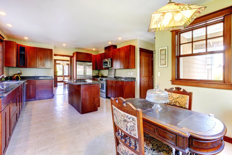 Large Chery Wood Kitchen with Dining Room Table. Stock Image - Image of ...
