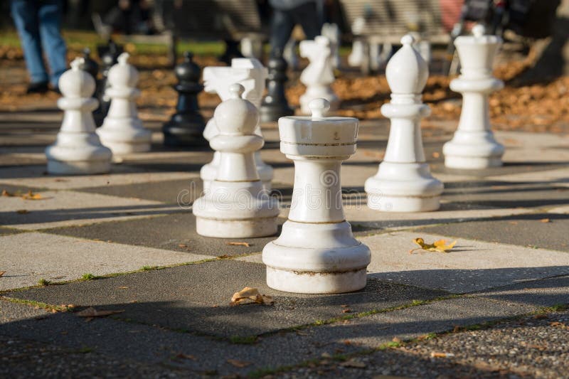 Large Chess Pieces are Placed on a Chessboard in the Park Stock Image ...