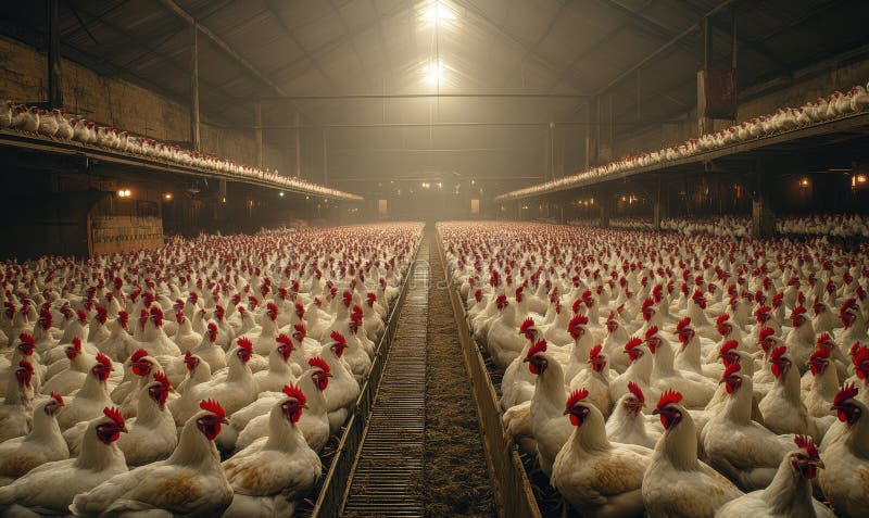 Large Chicken Farm with Hundreds of White Chickens in a Spacious Barn ...