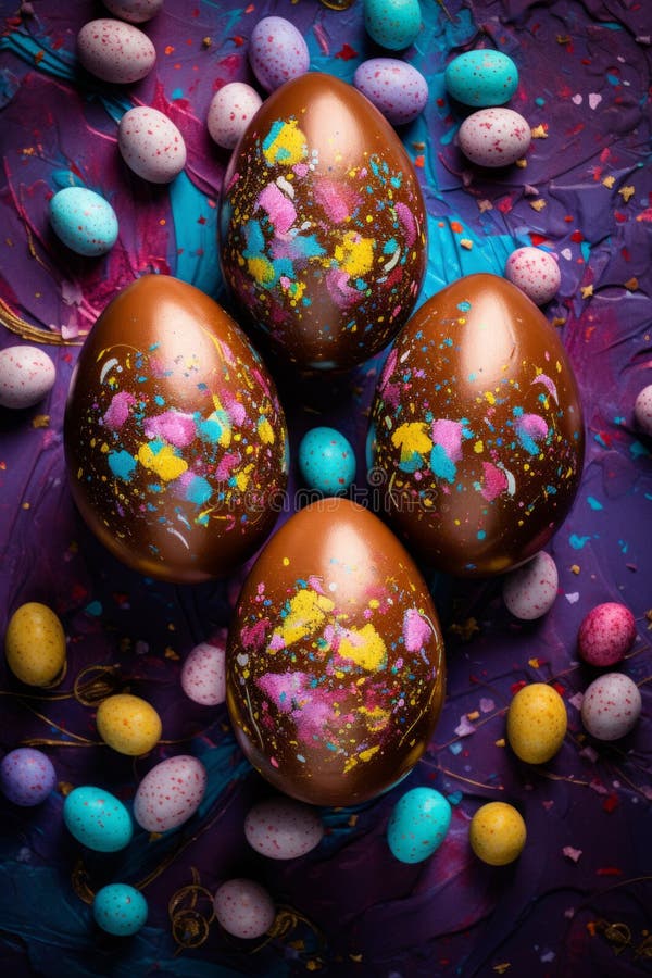 Large Chocolate Easter Eggs with Candy Around Overhead Shot Stock ...
