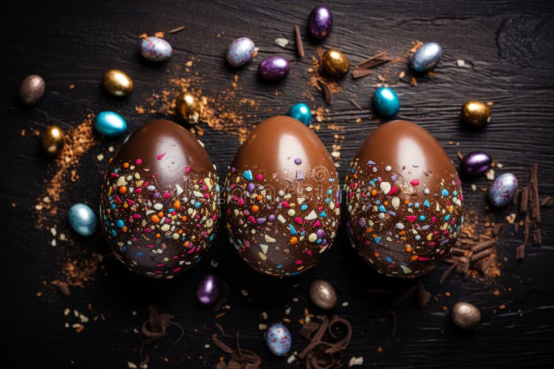 Large Chocolate Easter Eggs with Candy Around Overhead Shot Stock ...