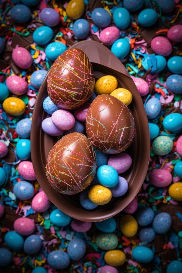 Large Chocolate Easter Eggs with Candy Around Overhead Shot Stock ...