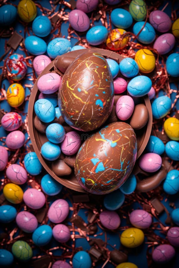 Large Chocolate Easter Eggs with Candy Around Overhead Shot Stock ...