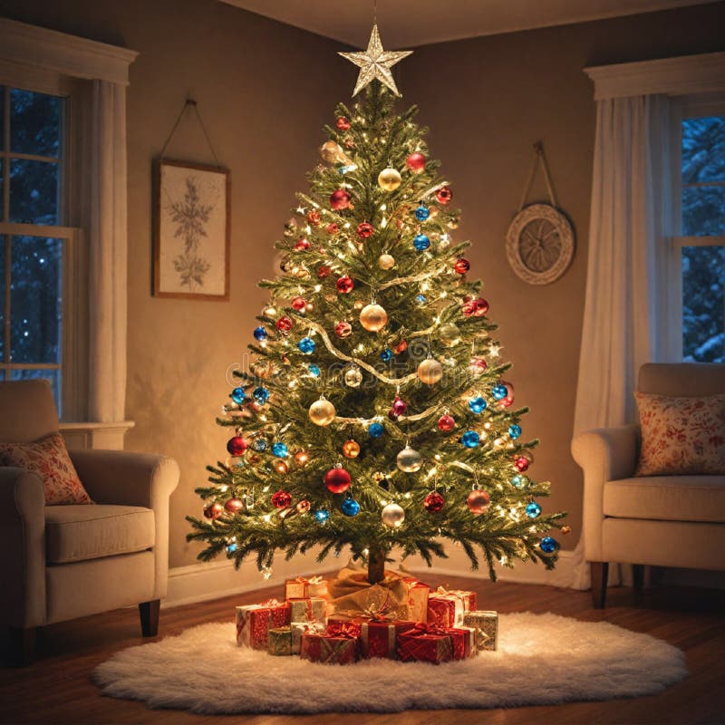 A Large Christmas Tree with Gifts Under Stock Image - Image of spruce ...