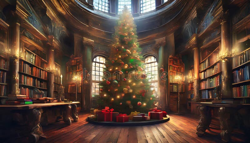 A Large Christmas Tree in the Hall of an Old Library Stock Illustration ...