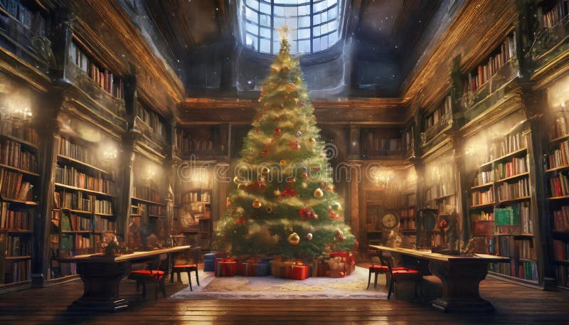 A Large Christmas Tree in the Hall of an Old Library Stock Illustration ...